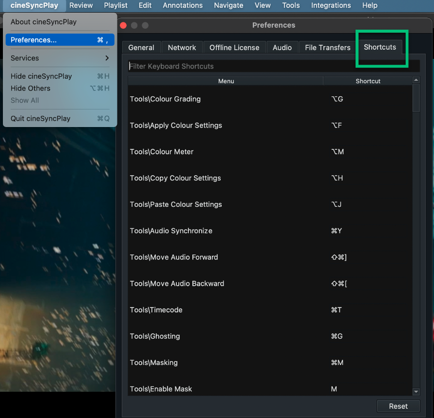 Keyboard Shortcuts – cineSync